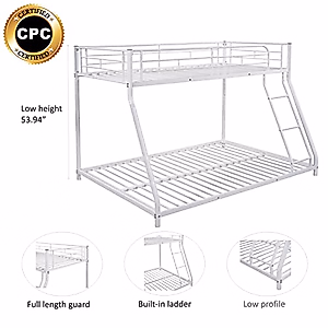 HomJoones Heavy Duty Metal Bunk Bed Twin Over Full Size, Heavy Duty Floor Bunk Beds Frame with Enhanced Upper-Level Guardrail (White)
