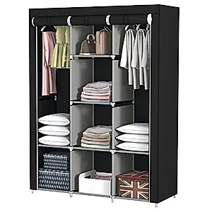 GHQME Fabric Wardrobe Portable Clothes Closet Storage Organizer with Compartments and Rods (Black Without Drawer, 49.2” x 17.3” x 63.8”)