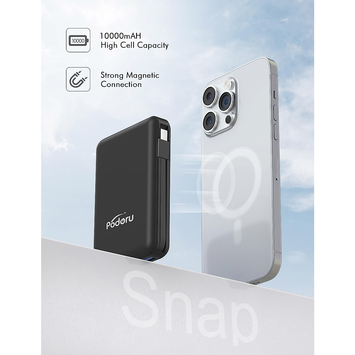 podoru Wireless Portable Charger, 10000mAh Magnetic Power Bank Built-in USB C Lighting Cables 22.5W PD Fast Charging LED Display Mag-Safe Battery Pack for iPhone 15/14/13/12/Mini/Pro/Pro Max - Black