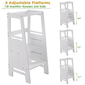 3 Height Settings Kitchen Step Stool for Toddlers and Kids with Safety Rails for Kitchen Counter Solid Wood (White, Height Adjustable)