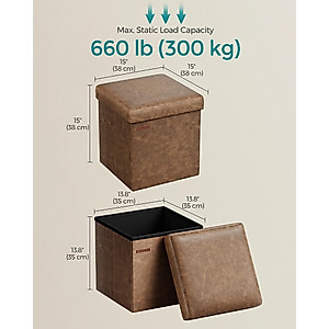 SONGMICS 15 Inches Ottoman with Storage, Footstool, Storage Ottoman, Synthetic Leather, 660 lb Load Capacity, for Dorm Room, Living Room, Bedroom, Coffee Brown ULSF010K01