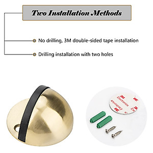 LemonHo 2 Pack Drill-Free Floor Mounted Door Stoppers 3M Adhesive Tapes/Screw in Door Stopper Wall Protectors with Black Rubber Bumper Tips, Ground Doorstops for Bedroom Shower Office, Gold