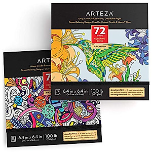 Arteza Doodle and Animal Coloring Books for Adults, Set of 2, 6.4 x 6.4 Inches, Black Outlines, 144 Detachable Coloring Pages for Relieving Stress and Anxiety for Adults and Teens