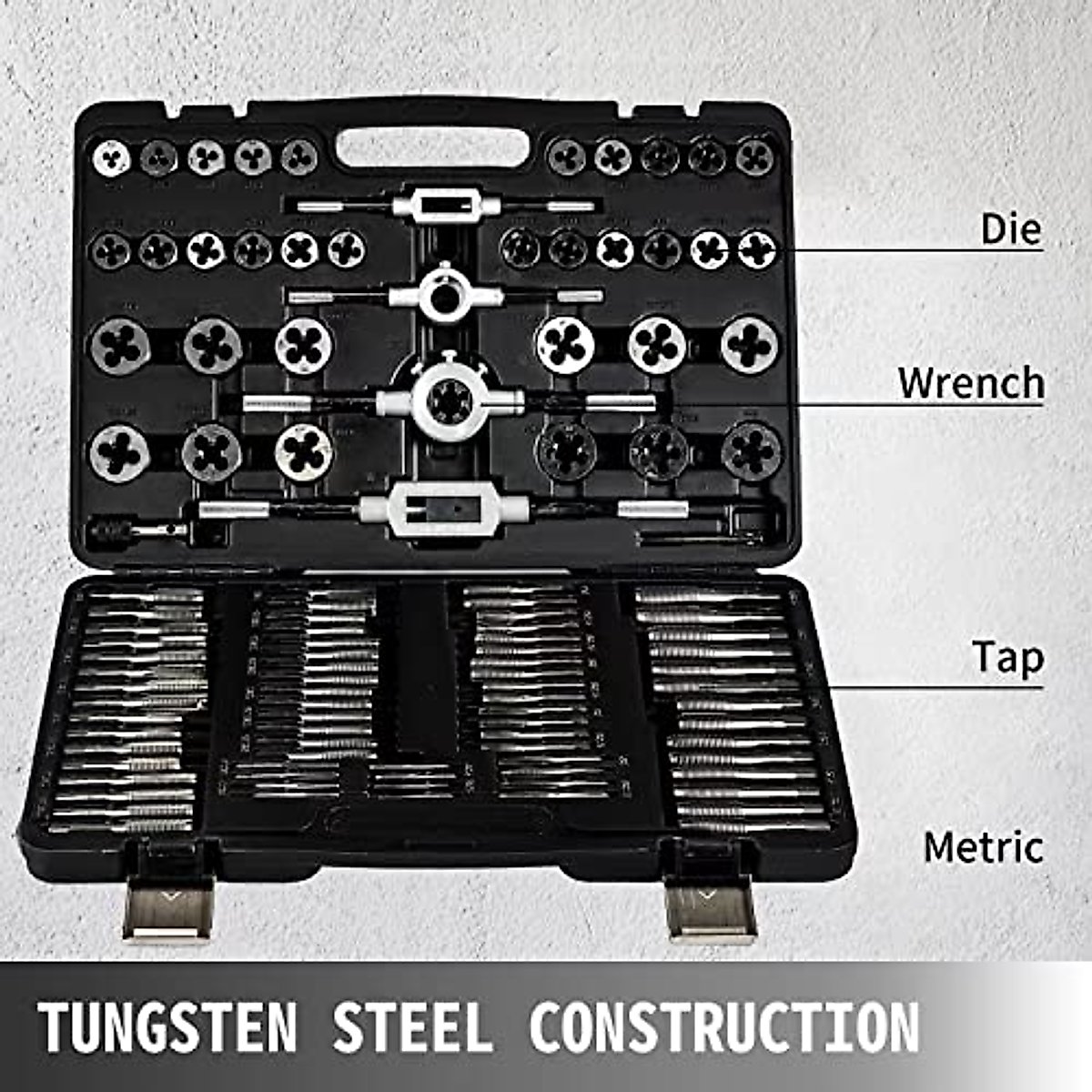 Happybuy 110Pcs Tap and Die Set, Include Metric Tap and Die Set M2-M18, Tungsten Steel Titanium Tap & Die Sets With Storage Case, Large Tap and Die Set For Cutting External & Internal Threads