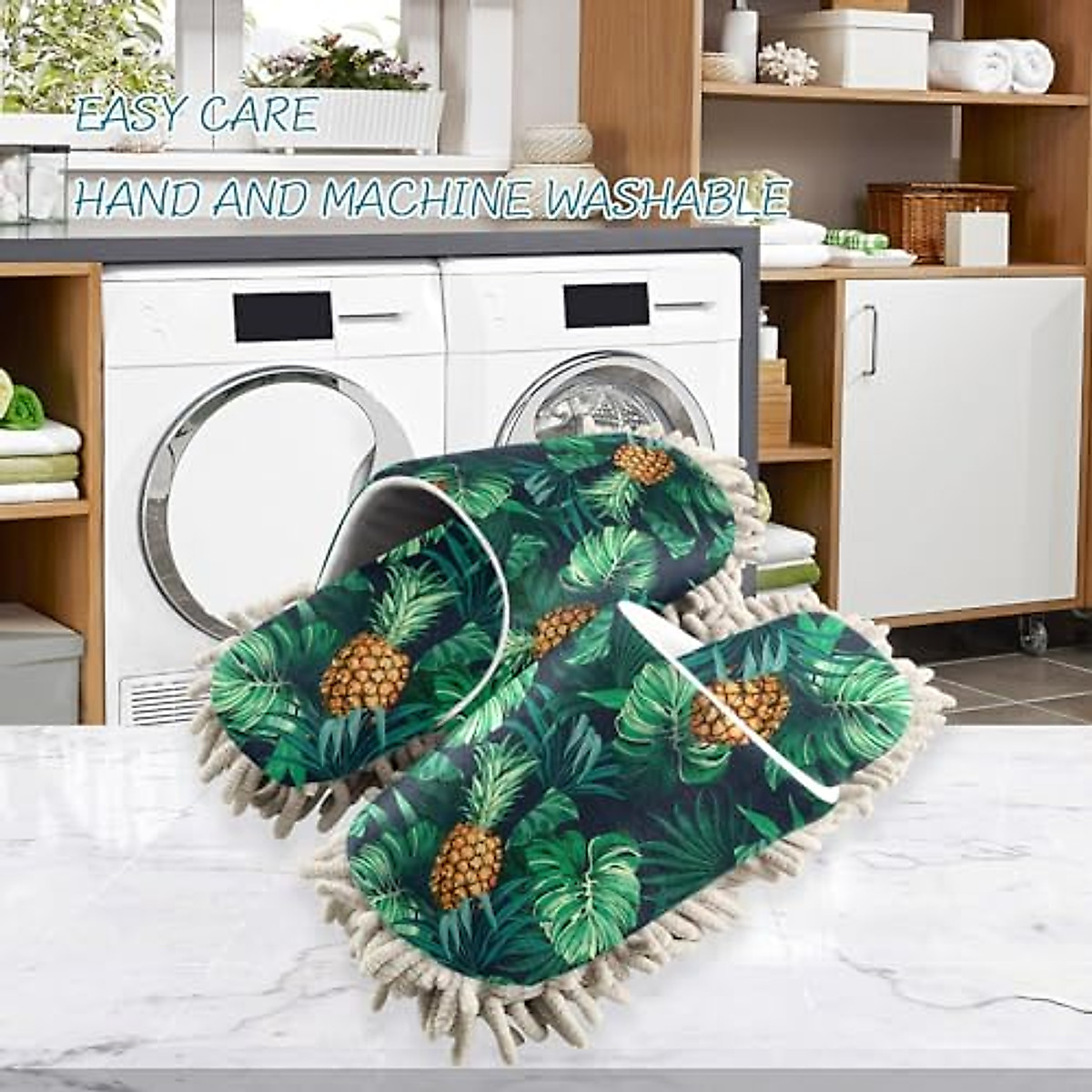 FLildon Microfiber Cleaning Slippers Tropical Leaf Pineapple Washable Mop Shoes Slipper for Men/Women House Floor Dust Cleaner, Size L