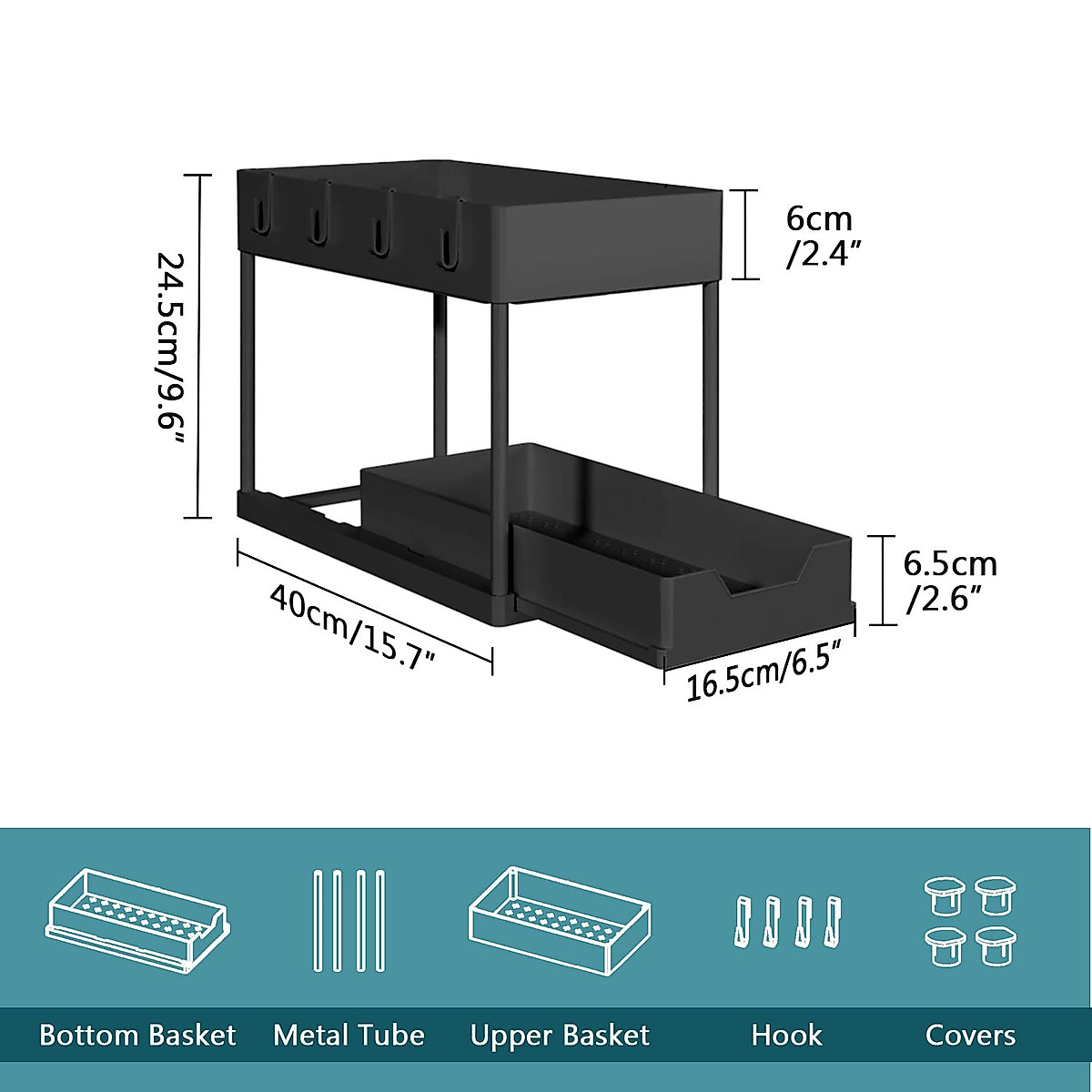 2 Pack Under Sink Organizer and Storage, 2-Tier Sliding Bathroom Organizer with Hook, Multi-Use for Kitchen/Bathroom/Laundry room Organization, Black