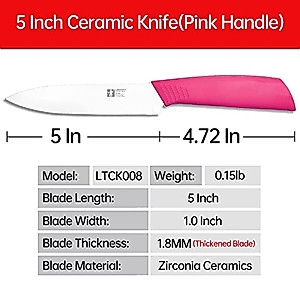 LIANGTAI Ceramic Knife 5 Inch Kitchen Utility Knife【Blade Thickness 1.8mm】 (Pink Handle)