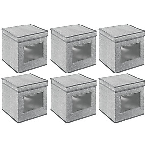mDesign Fabric Stackable Square Cube Storage Organizer Box with Window/Attached Lid for Organizing Bedroom Closet - Holds Purses, Linens, Accessories - Lido Collection - 6 Pack - Gray