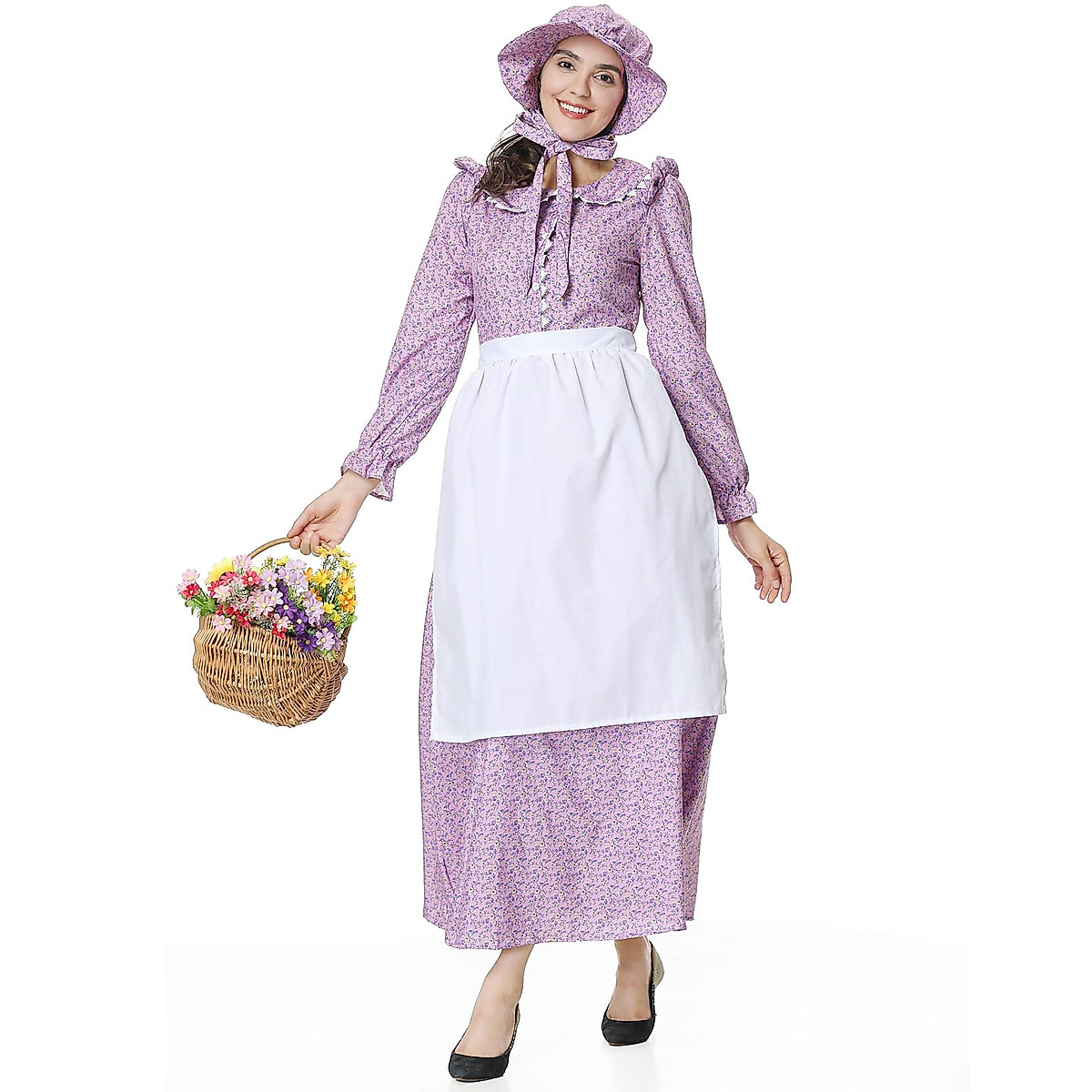 GRAJTCIN Pioneer Woman Costume Colonial Prairie Dress Women Floral Historical Costume Halloween Dress Up Long Sleeves Purple - Medium