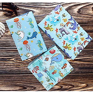 BOLIANNE Ocean Wrapping Paper - Birthday Wrapping Paper for Boys Girls Kids with Cute Whales Dolphins Fishes, 6 Large Sheets Sea Blue Gift Wrap for Baby Shower, Folded Flat, 27 X 37 Inch