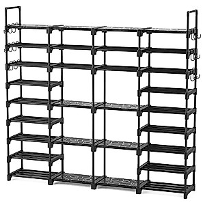 ROJASOP Large Shoe Rack Organizer for Entryway Closet 64-68 pairs 9-Tier Heavy Duty Tall Garage Shoe Rack Shoe Shelf Shoes Storage with 18 Pcs Removable Side Hooks for Bedroom and Garage Black