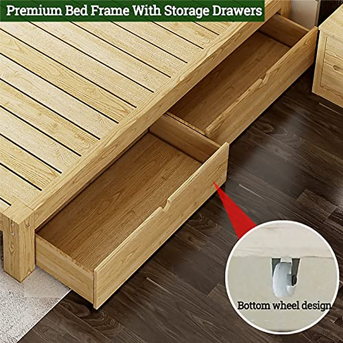 QQXX Scandinavian Bed Frame,Natural Solid Wood Bed Frame,Japanese Platform Bed Frame with Storage Drawers,12" Tall Wooden Floor Bed Frame for Bedroom,Twin XL,39.5" W x 81" L x 12" H