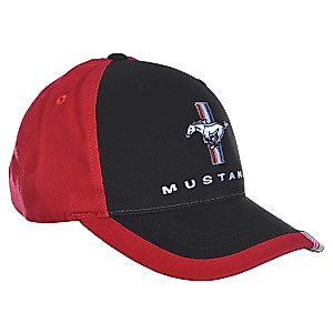 Checkered Flag Men's Ford Mustang Cap Logo Rally Stripe Black & Red Hat