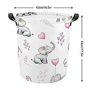 RENJUNDUN Pink Balloon Elephant Laundry Basket Foldable Laundry Hamper with Handles Collapsible Laundry Bucket for Toy Clothes Book, 17.3'' H x 16.5''D