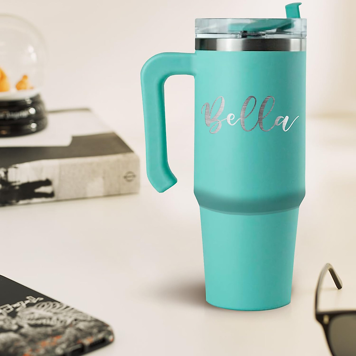 Personalized Travel Mug 30 oz with Handle Seafoam Customized Cup Vacuum Insulated Tumbler Birthday Gift for Women, Men, Beer and Drinks