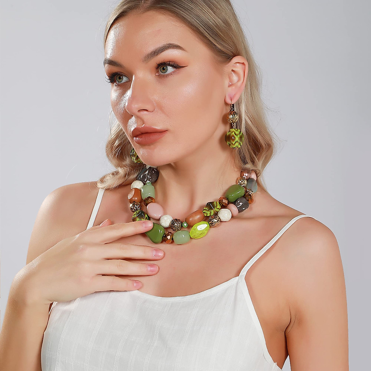 Bocar 2 Layer Statement Chunky Beaded Fashion Necklace Earrings Set for Women Gifts (NK-10384-olive-set)