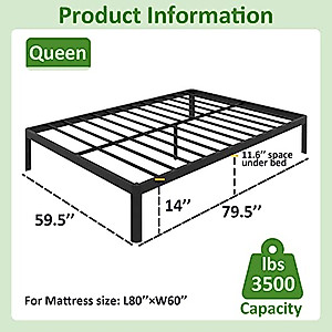 Yitong Angel 14 Inch Queen Bed Frame with Round Corner Edge Legs, 3500 lbs Heavy Duty Metal Platform Bed Frame Queen Size, Steel Slats Support/No Box Spring Needed/Noise Free/Non-Slip