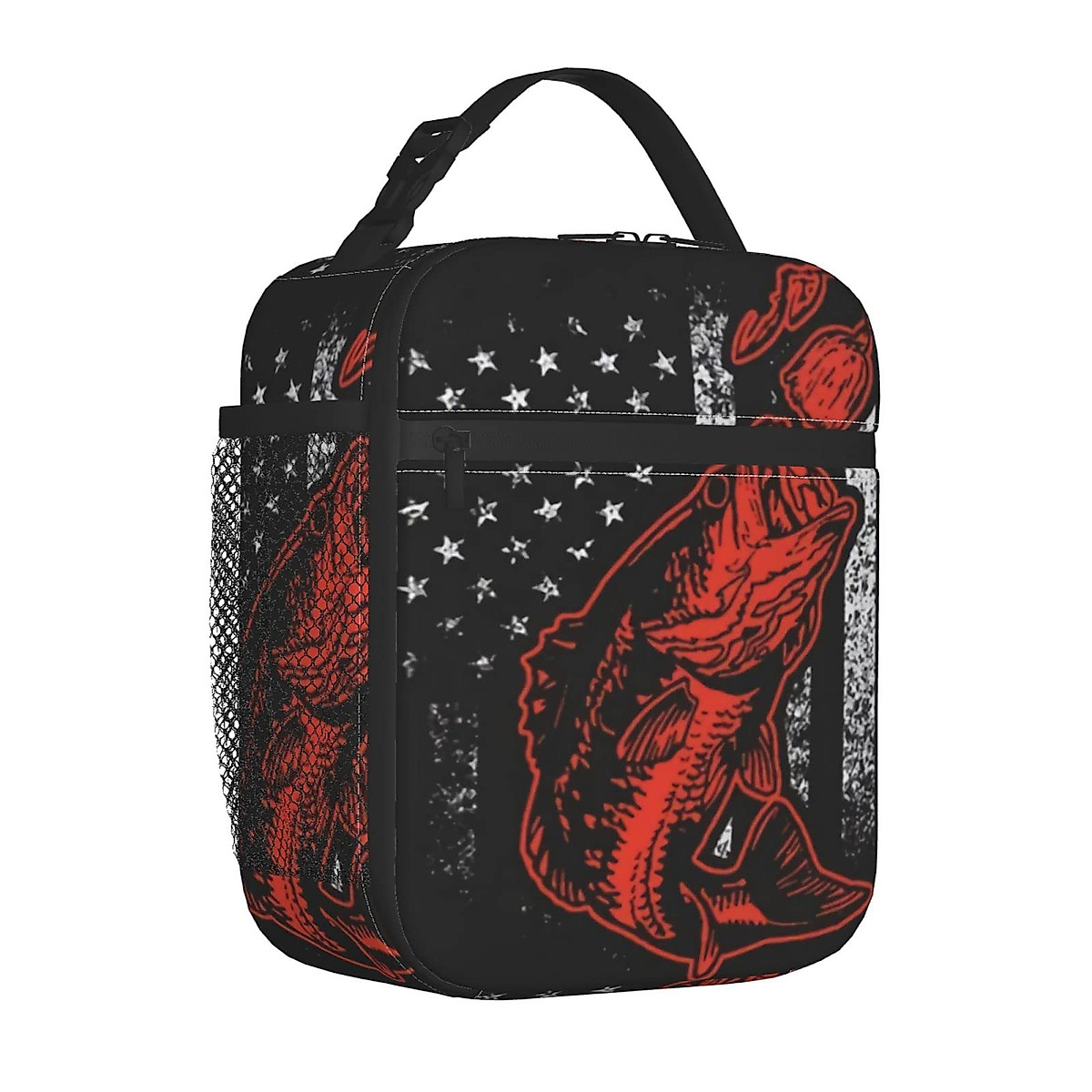 piuynsb boys lunch box,Bass Fishing Lure And American Flag Insulated Lunch Bag Reusable work Lunch Tote Box Bag for girls women men and adults