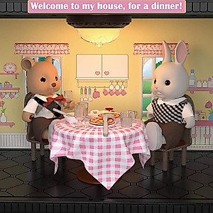 MITCIEN Dollhouse Kit Playset Little Critters Bunny Dolls for Girls with Swimming Pool and Slideside Family Toys for Toddler 3 4 5 6-Year-Old Girl