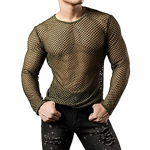 JOGAL Men's Mesh Fishnet Fitted Long Sleeve Muscle Top Small WG04 ArmyGreen