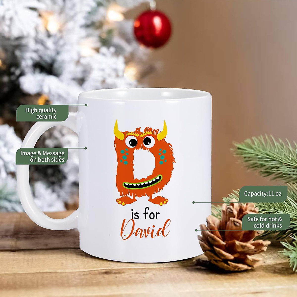 Personalized Monster Alphabets Coffee Mug with Name Kids Hot Chocolate Cocoa Mug Cute Ceramic Tea Cup 11 oz Funny Christmas Holiday Gifts for Kids Boys Girls Kiddos Friends Christmas Eve Box Filler