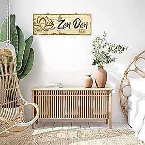 The Zen Den Lotus Wood Sign 15.75 x 5.9 Inch Lotus Yoga Sign Wooden Hanging Wall Sign with Hooks Meditation Home Decor for Yoga Studio Bathroom Bedroom Spiritual Room Decoration (Light Yellow)