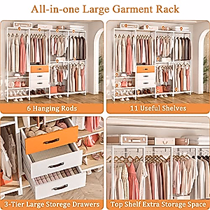 Cyclysio 84'' Heavy Duty Closet System, Large Wooden Garment Rack, L Shape Corner Walk-in Closet, Clothing Rack with Shelves, Closet Organizer System with 11 Shelves, 3 Wood Drawers, 6 Rod, White