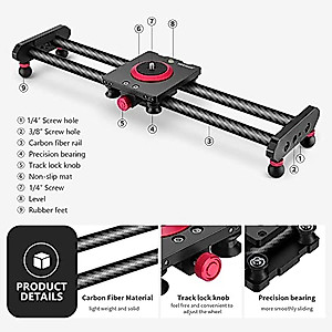 NEEWER 16"/40cm Carbon Fiber Camera Slider, Lightweight Rail Dolly Track Slider with 4 Bearings, Phone Clip, Compatible with Mirrorless Camera iPhone 13 13 Pro 13 Pro Max, Max Load 2.2lb/1kg, VS-CF50