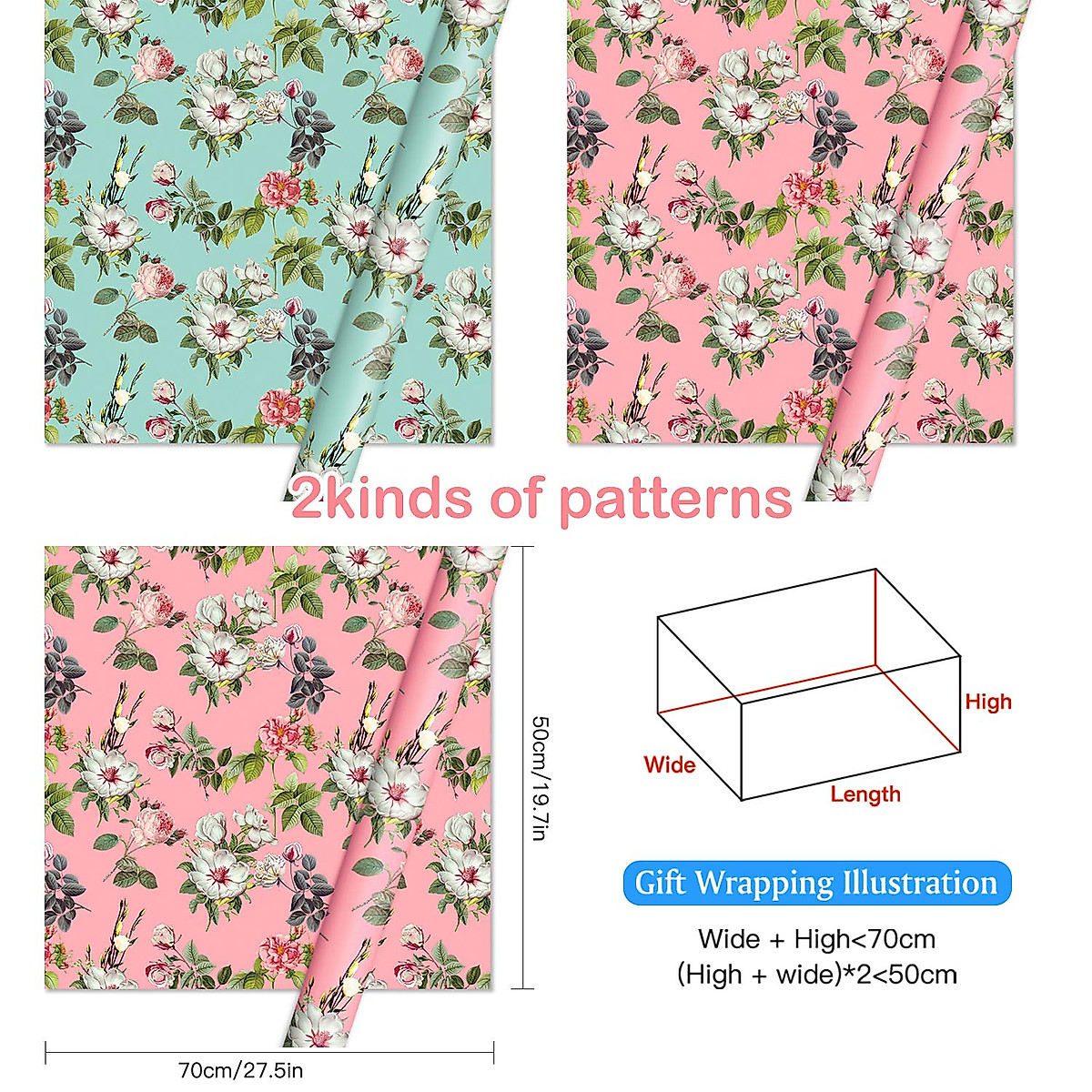 PLULON 6 Sheets Floral Birthday Gift Wrapping Paper, Wrapping Paper for Wedding, Birthdays, Valentines, Christmas