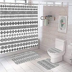 4 Pcs Black and White Shower Curtain Sets with Non-Slip Rugs,Toilet Lid Cover and U-Shaped Mat,Bohemian Geometric Waterproof Durable Shower Curtains for Bathroom