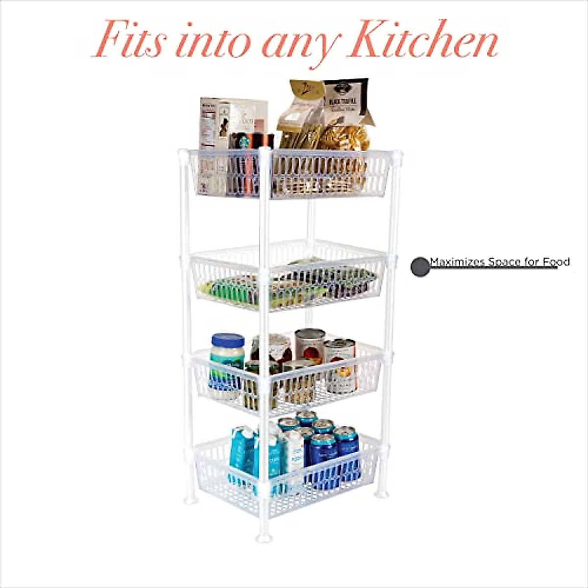 Kitchen Details 4 Tier Slim Basket Shelf Rack | Storage & Organizer | Kitchen | Bathroom | Laundry Room | Office | Good for Food and Kitchen Supplies | White