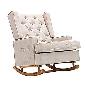 Dolonm Nursery Rocking Chair Upholstered Mid Century Modern Rocker Oversized Wingback Armchair for Living Room with Solid Wood Base (Beige)