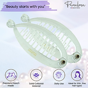 Parcelona French Effortless Mini Set of 2 Celluloid Banana Hair Clip for Fine Hair, Made in France (Clear)