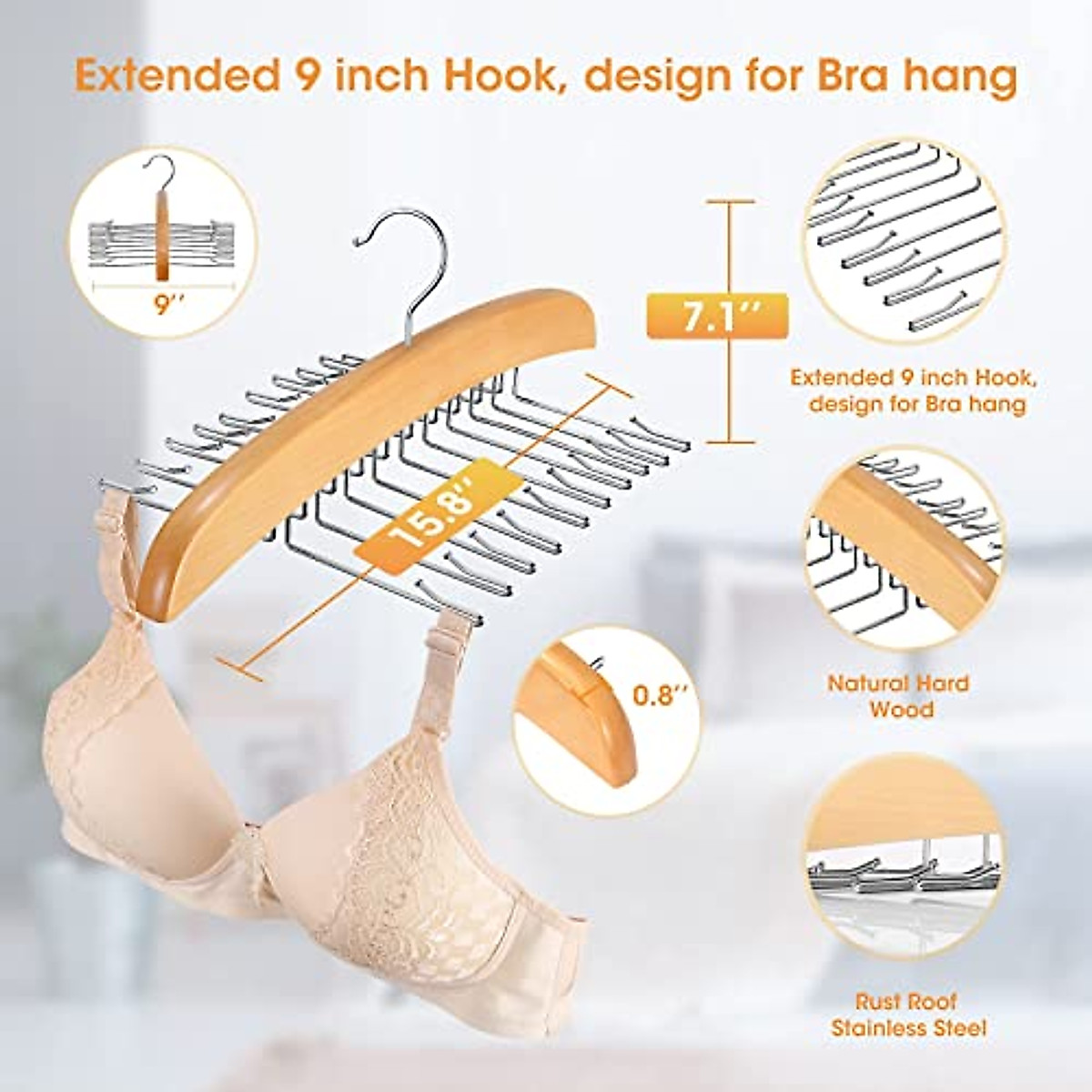 Bra Hanger, Tenyond Tank Tops Hangers Natural Wood Bra Holder Hanger Space Saving Closet Organizer and Storage Rack for Bras, Tank Tops, Camisoles-2 Pack