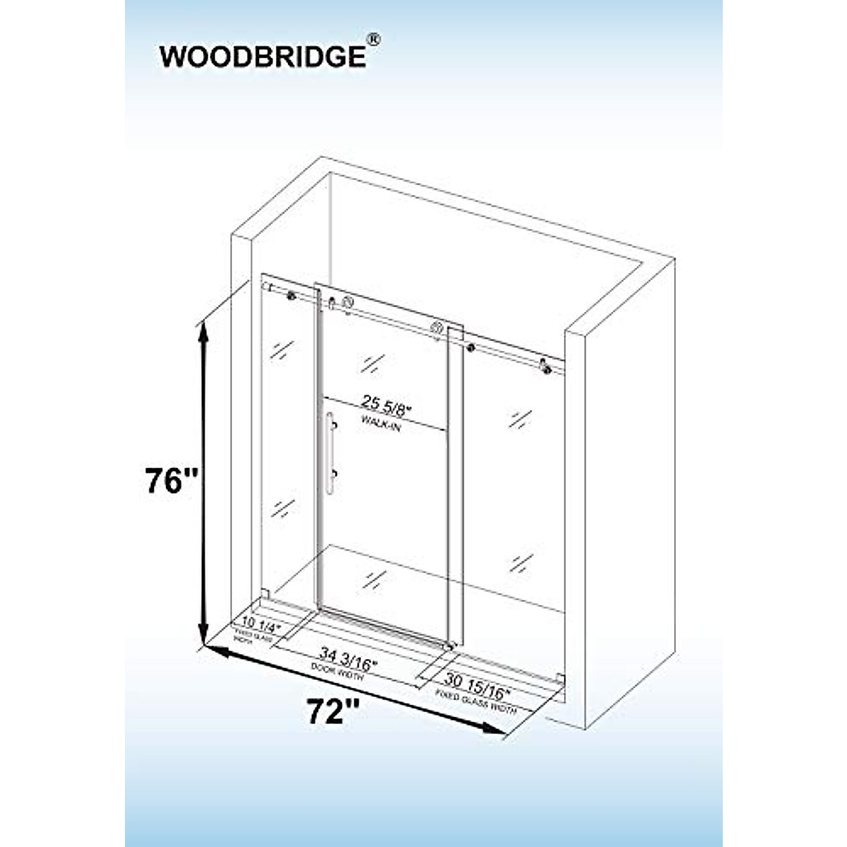 WOODBRIDGE Frameless Shower Doors 68-72" Width x 76" Height with 3/8"(10mm) Clear Tempered Glass
