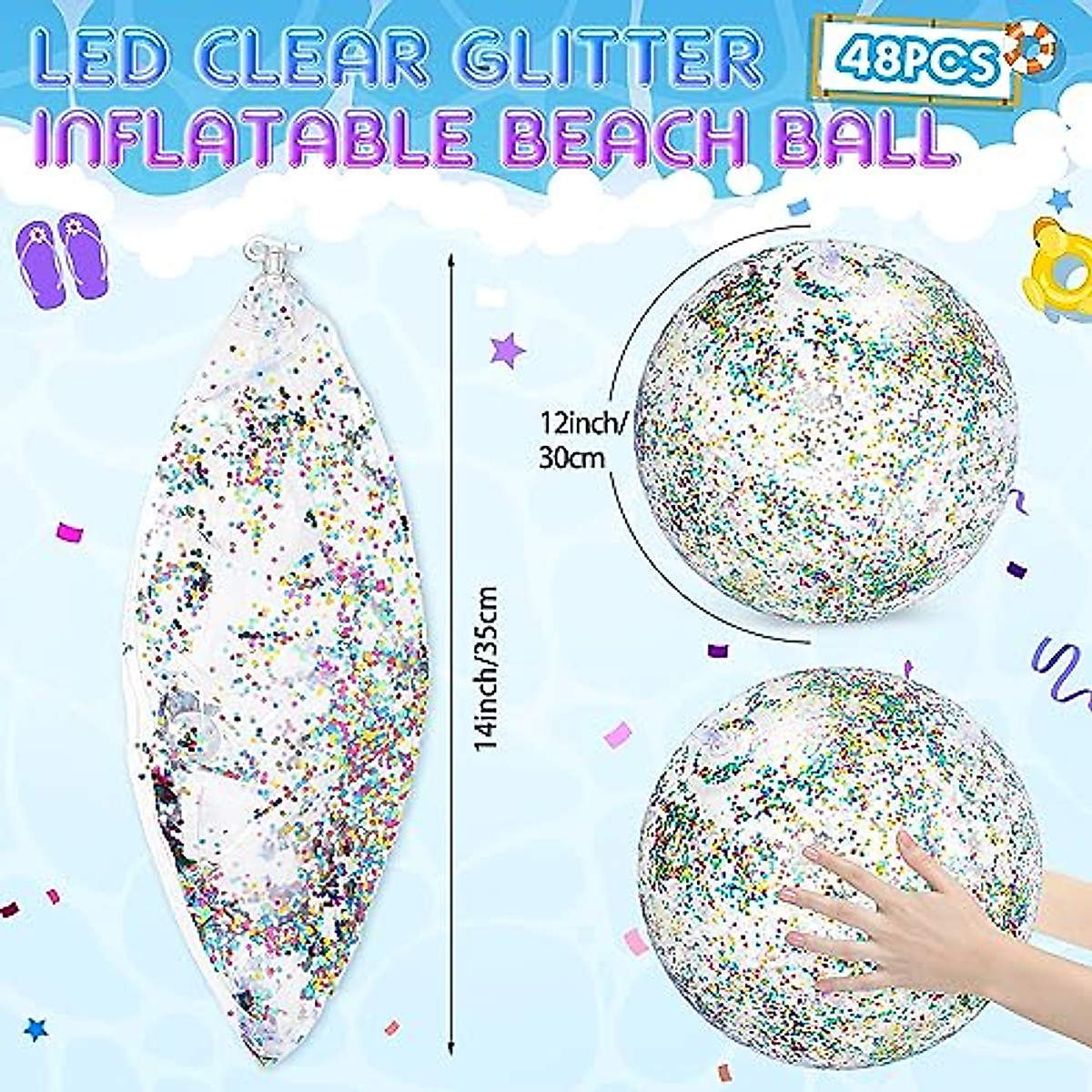 Libima 48 Pcs LED Inflatable Beach Ball 12 in Clear Confetti Glitter Beach Balls Glow in The Dark Ball Swimming Pool Ball Toy Light up Beach Balls for Summer Beach Pool and Party Favor (Colorful)