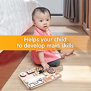 EvoKids Wooden Sorting Stacking Toy Busy Board for Toddlers – Zipper, Buckle in Handmade Activity Board – Plane Car Travel Sensory Montessori Developmental Educational Toys for Boy Girl