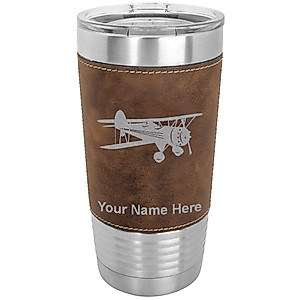 LaserGram 20oz Vacuum Insulated Tumbler Mug, Biplane, Personalized Engraving Included (Faux Leather, Rustic)