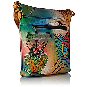 Anna by Anuschka Genuine Leather V-Shap Flap Crossbody Bag | Hand-Painted Original Artwork | Peacock Collage