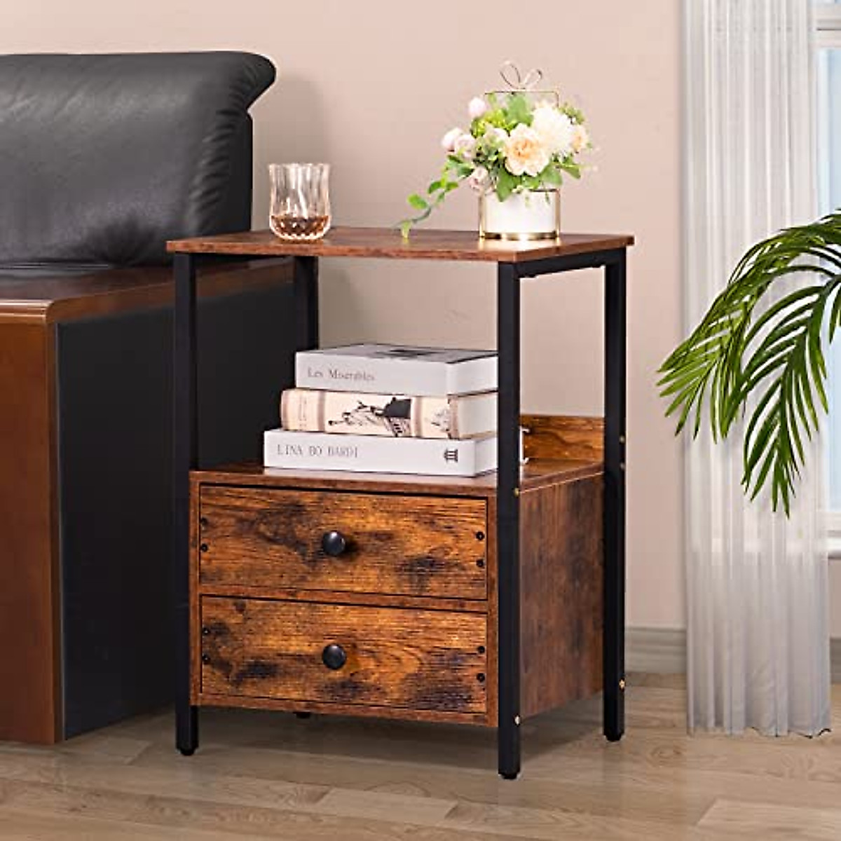 Lerliuo Nightstand, Side Table, Industrial Bedside Table with 2 Drawers and Open Shelf, Brown Night Stand, End Table with Steel Frame for Bedroom, Dorm, Brown/Black 23.6''H (Brown)