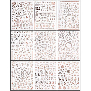 JMEOWIO 9 Sheets Christmas Nail Art Stickers Decals Self-Adhesive Pegatinas Uñas Navidad Rose Gold Winter Holiday Xmas Snowflake Nail Supplies Nail Art Design Decoration Accessories