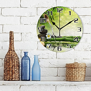 TropicalLife Flower Japanese Zen Wall Clock, Garden Stone Bamboo Silent Non Ticking Round Clock for Home Kitchen Bedroom Desktop Stand Bathroom Living Room Decor Office Classroom Clock Art 9.5 Inch