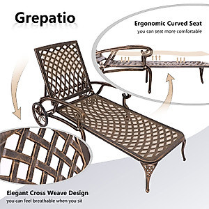 Grepatio Lounge Chairs for Outdoor, Patio Lounge Chaise Cast Aluminum Chairs with Cushion, Chaise Lounge Chair with Adjustable Backrest and Moveable Wheels for Pool Beach (Bronze Khaki Cushion*2)
