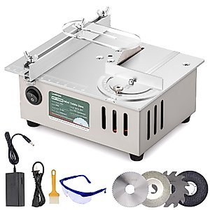 Huanyu Mini Table Saw 96W 9000RPM Hobby Electric Saw 7-Level Speed Adjustable 0-90 Angle 15MM Cutting Depth with Blade Model DIY Crafts Cutting Tool for Precision Cut Metal Wood Plastic Acrylic