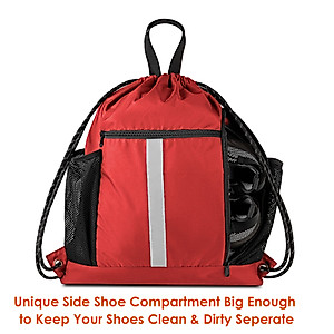 BeeGreen Red Drawstring Backpack Gymsack Bag with Shoe Compartment and Two Side Mesh Pockets Lightweight Durable Sports Cinch Sackpack 1 Pack for Women Men Workout Swim