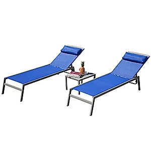Domi Patio 3 Pieces Aluminum Textilene Chaise Lounge Set with Side Table Outdoor, Adjustable Back and Pillow for Yard Garden Sunbathing for All Seasons Blue(2022 New)