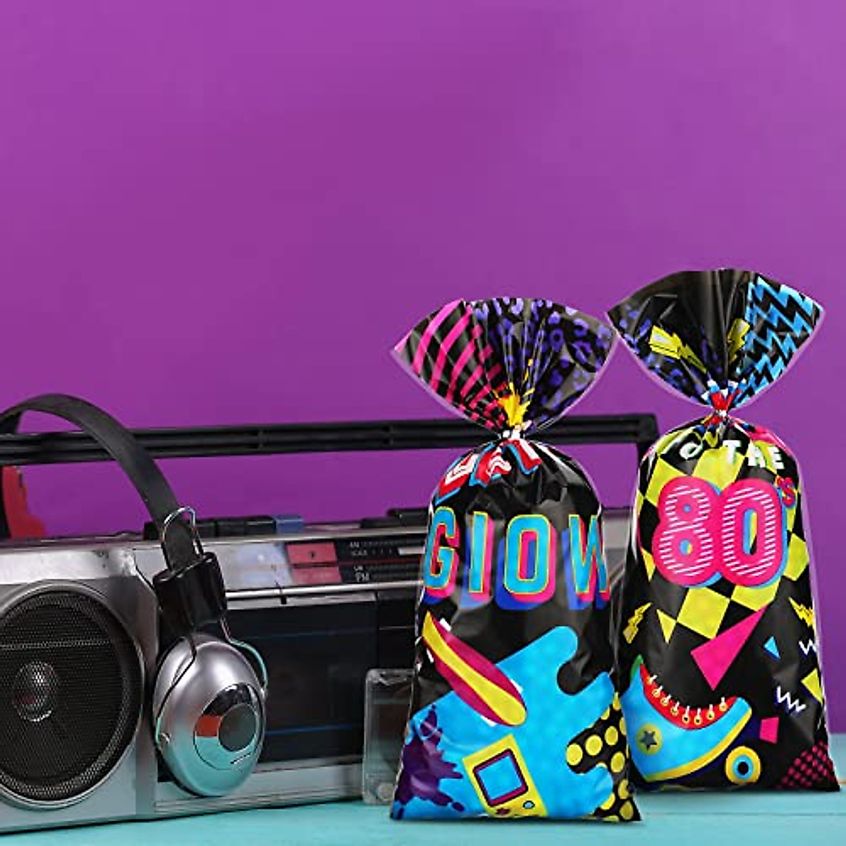 Hotop 100 Pcs 1980s Party Cellophane Bags 80s Gift Treat Bag Goodie Candy with 150 Ties Back to the I Love Retro Themed for Hip Hop Throwback Birthday Decorations Supplies