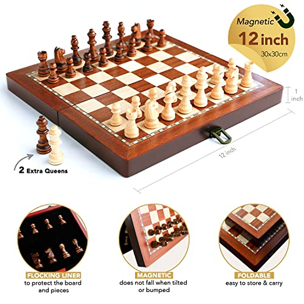 QueenSide 12" Magnetic Wooden Chess Set with Folding Chess Board & Staunton Chess Pieces 2 Extra Queens, Portable (30x30cm)