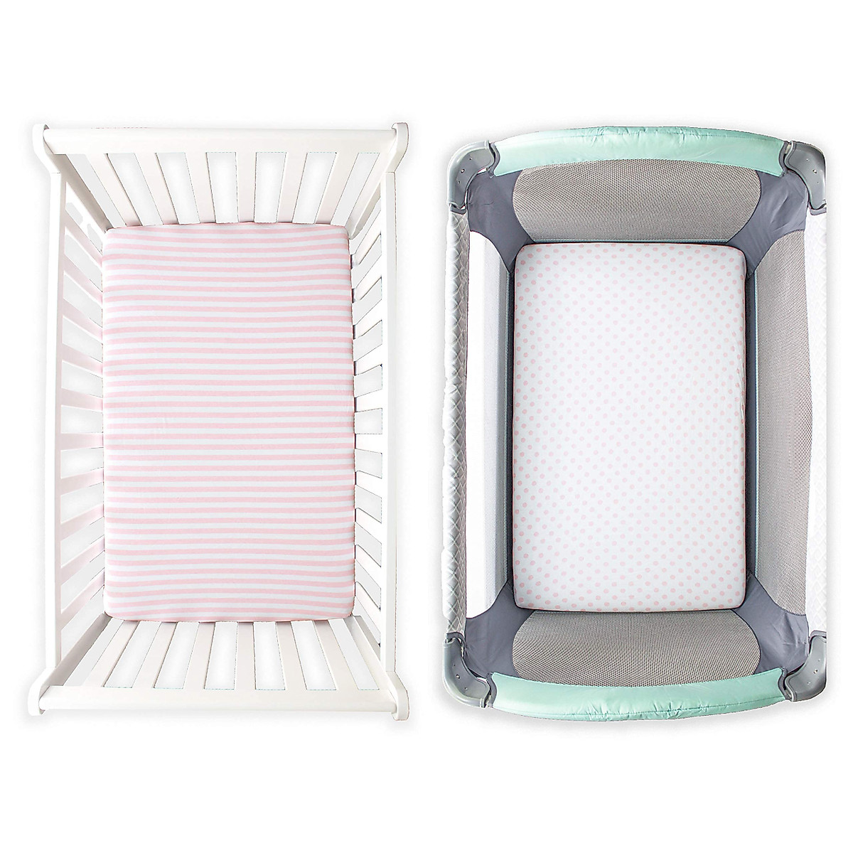 NODNAL CO. 3 Fitted Pink Mini Crib Pack n Play Playard Portable Crib Sheets Set - 100% Oeko-TEX Cotton Baby Girl Nursery Bedding - Chevron, Polka Dot, & Stripe Travel Pack and Play Playpen Sheet