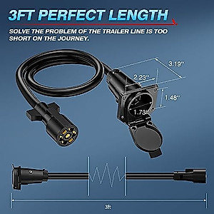 MICTUNING 7 Way Trailer Plug Socket Extension Cable - 7 Blade Trailer Wiring Connector Cord Wire 3ft 10-14 AWG